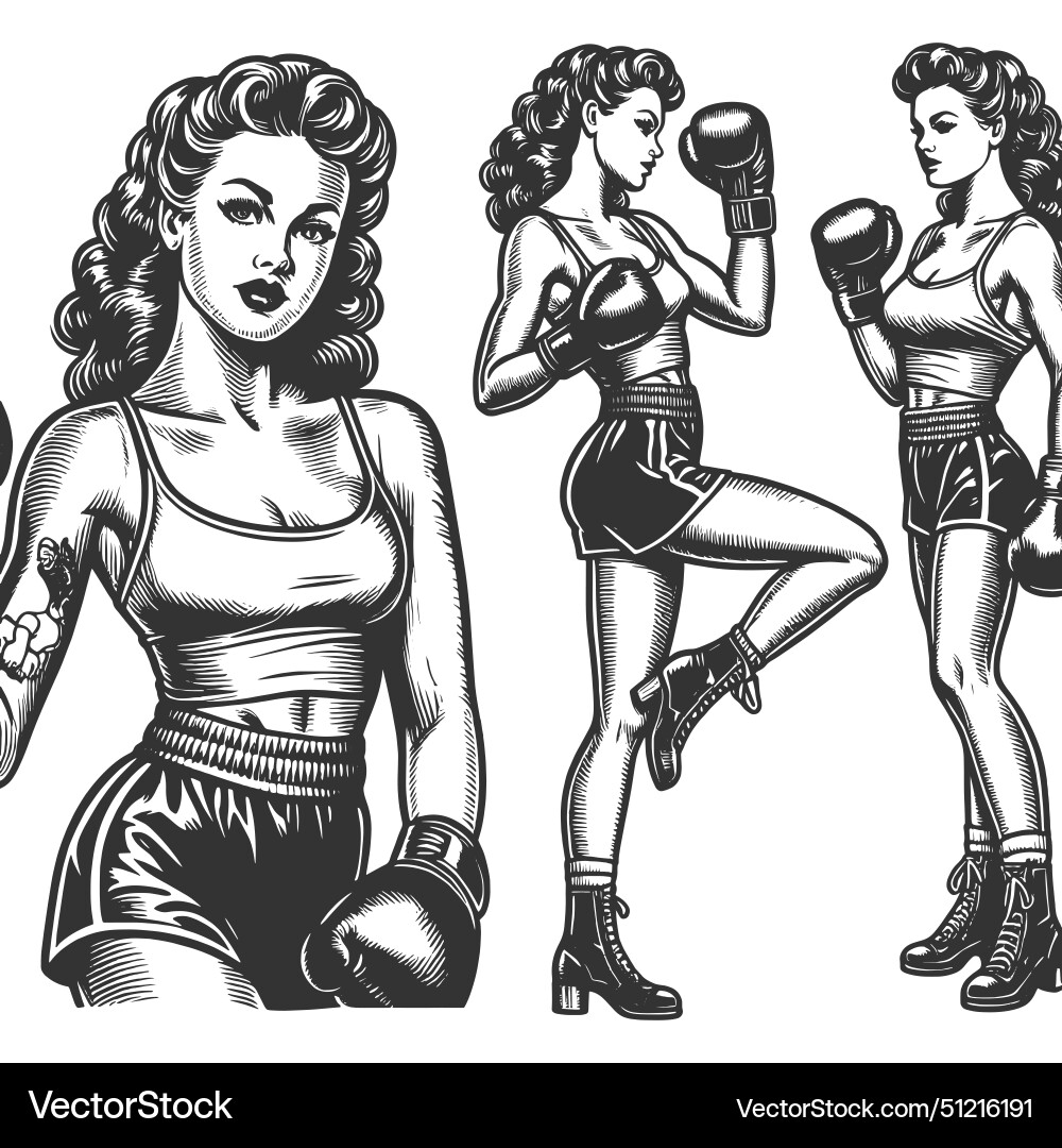Female boxer ready to fight engraving Royalty Free Vector