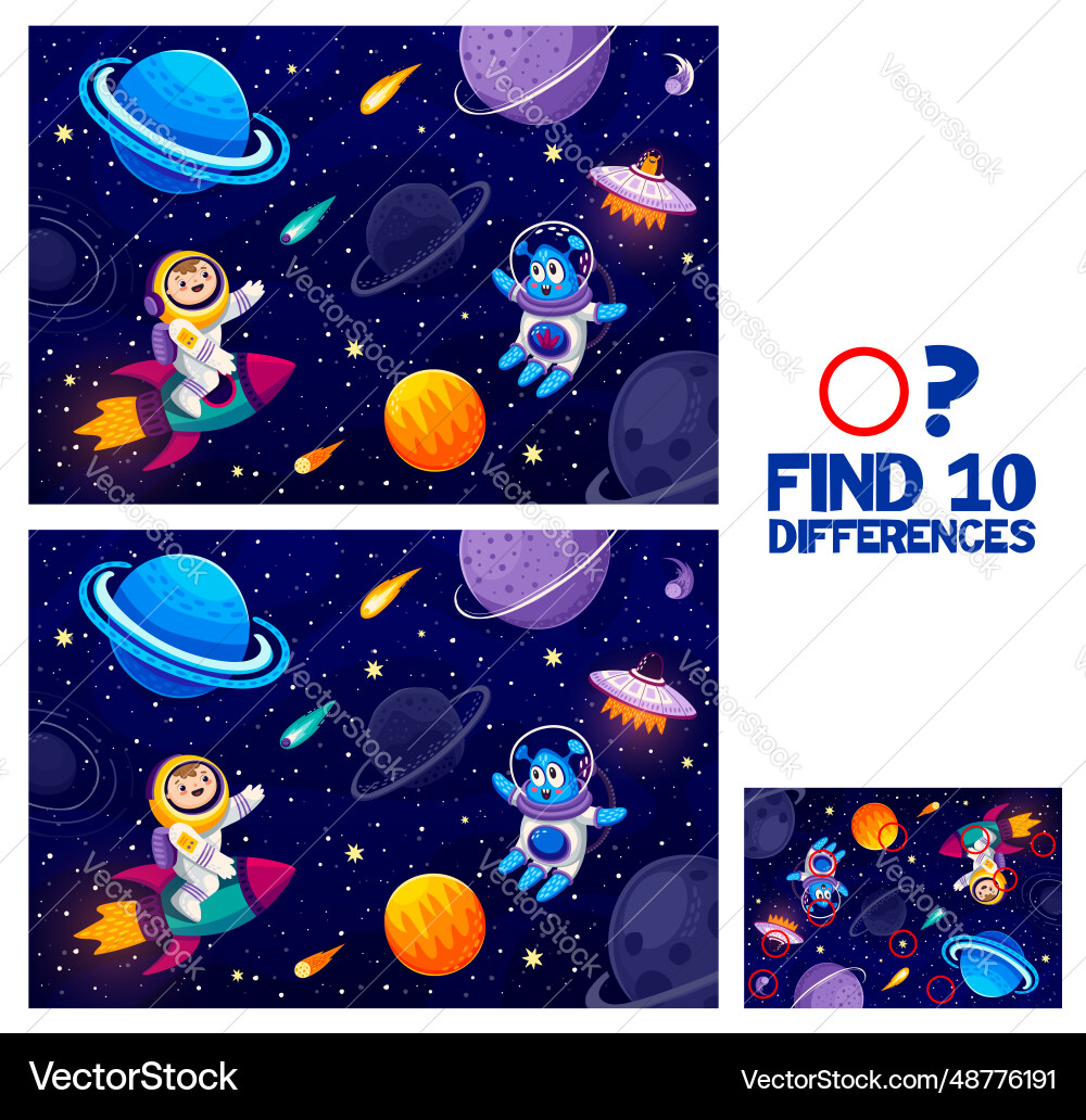 Find the Ten Differences: Astronaut & Alien Vector Image