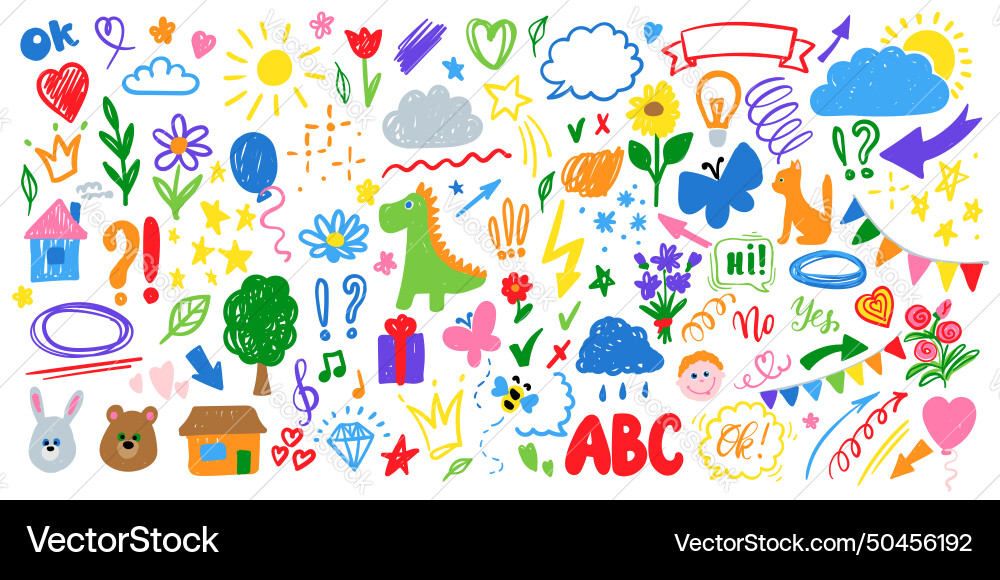 Cute kid scribble line flower heart rainbow Vector Image