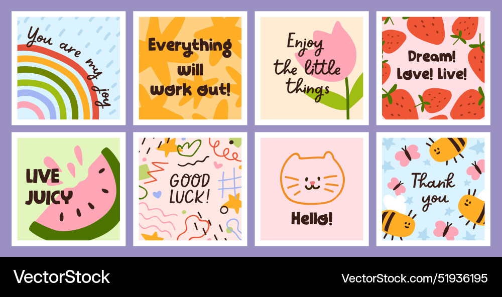 Cute doodle post card designs set funny colorful Vector Image