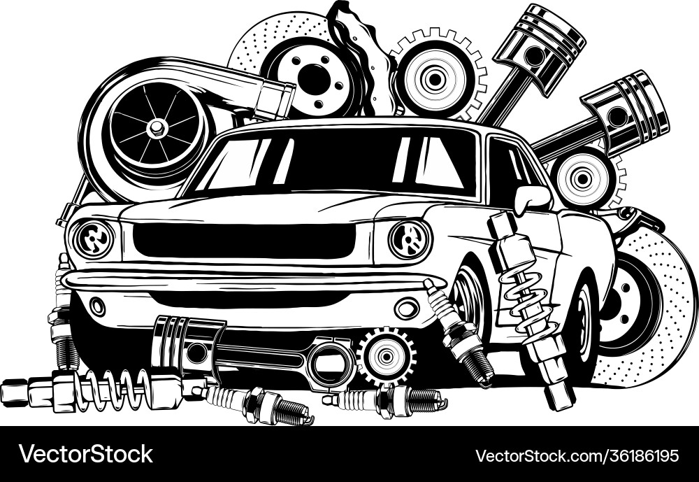 Vintage car and components collection in black Vector Image