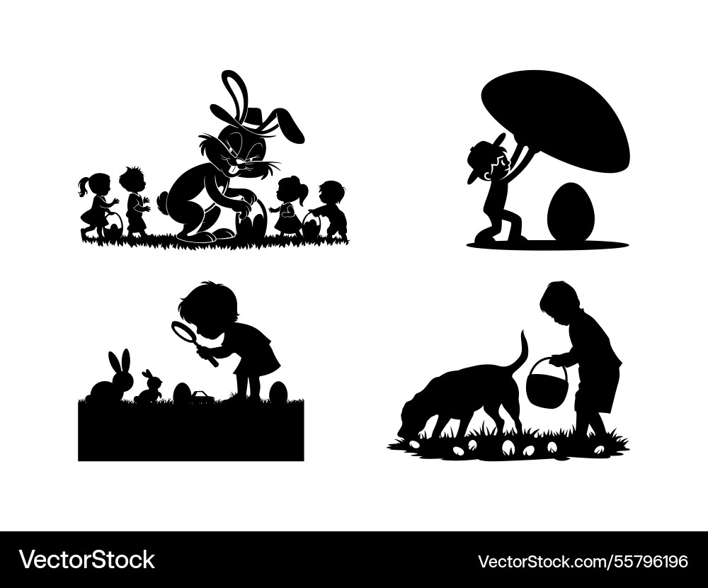 Easter egg hunt silhouette clipart kids and bunny Vector Image