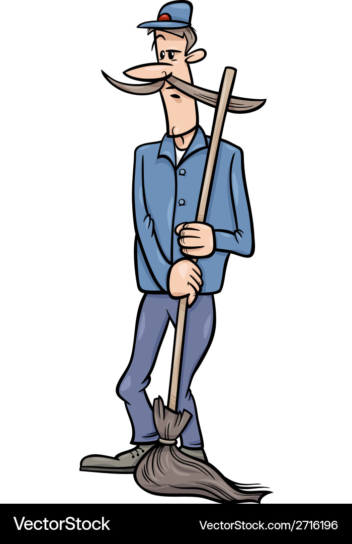 Janitor man with broom cartoon Royalty Free Vector Image