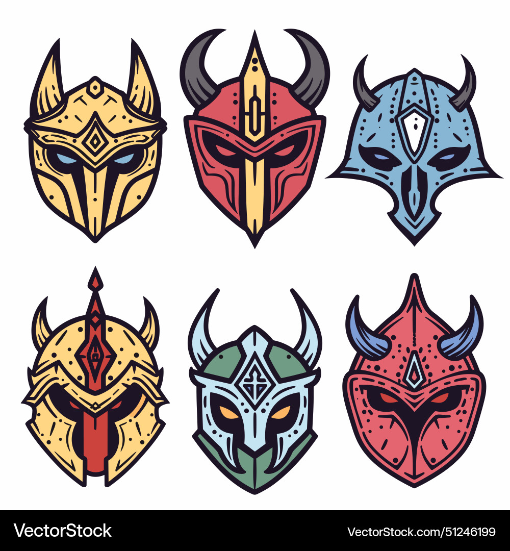 Six stylized fantasy warrior helmets colorful Vector Image