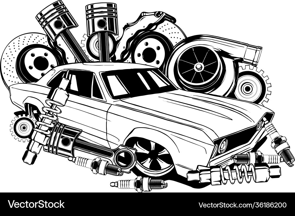 Vintage car and components collection in black Vector Image