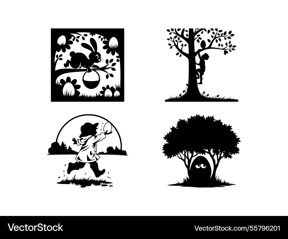 Easter egg hunt silhouette clipart kids and bunny Vector Image