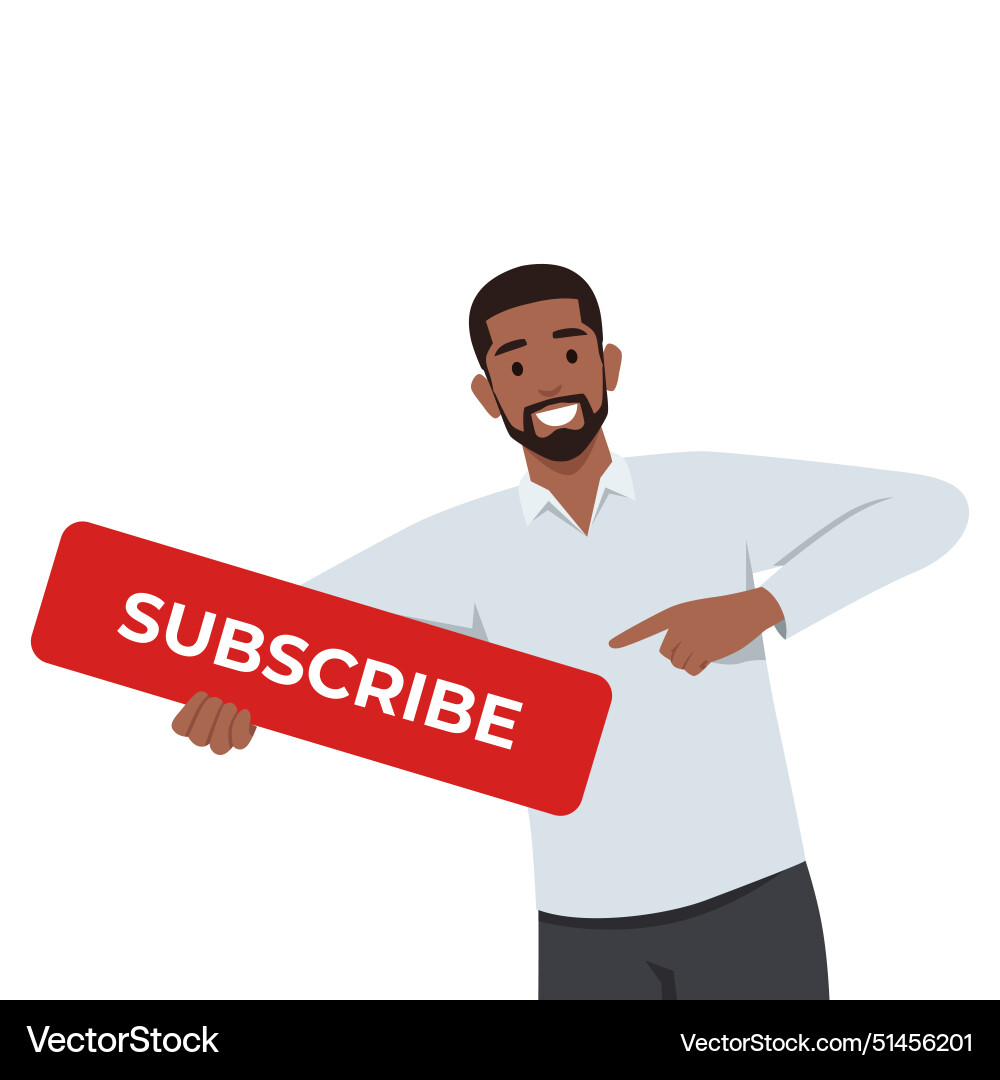 Young man holds a subscribe button with call Vector Image