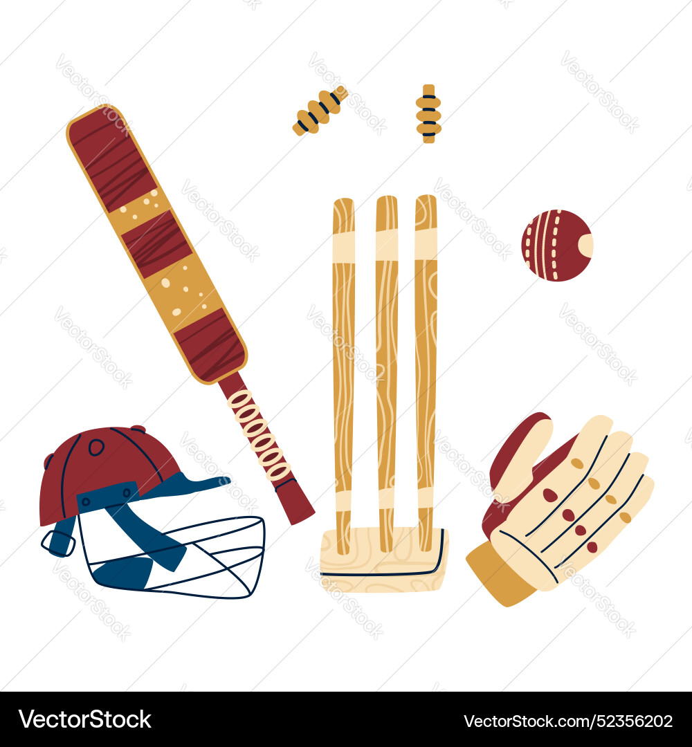 Cricket equipment set bat ball and wicket bails Vector Image