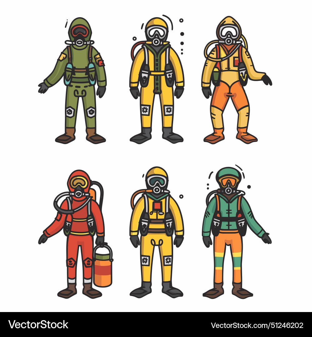 Six cartoon hazmat suits assorted colors gear Vector Image
