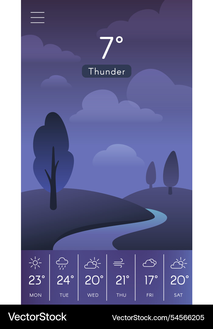 Weather forecast app displaying thunderstorm Vector Image