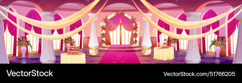 Wedding setup in pink medieval castle ballroom Vector Image