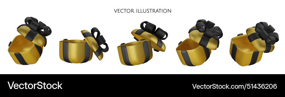 3d gold open gift box set with black ribbon bow Vector Image