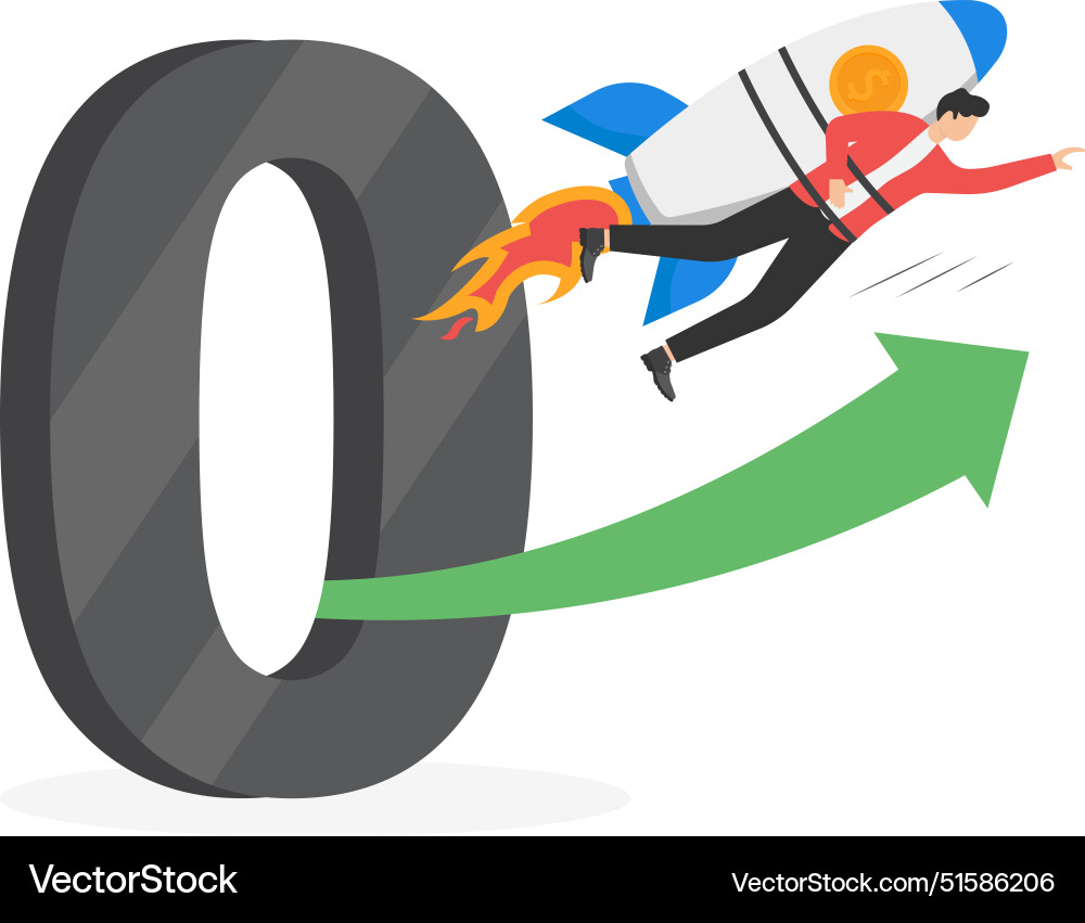 Businessman flying from zero with green arrow goin