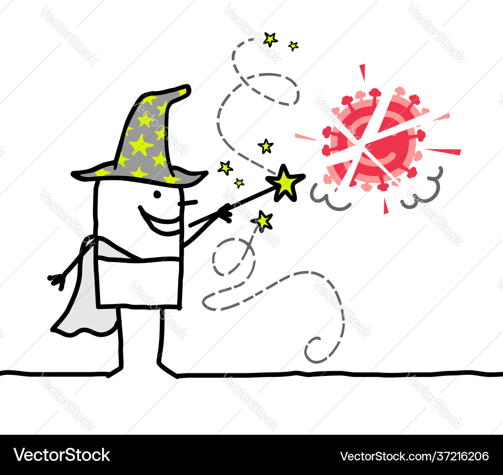 Cartoon wizard with magic wand destroying Vector Image