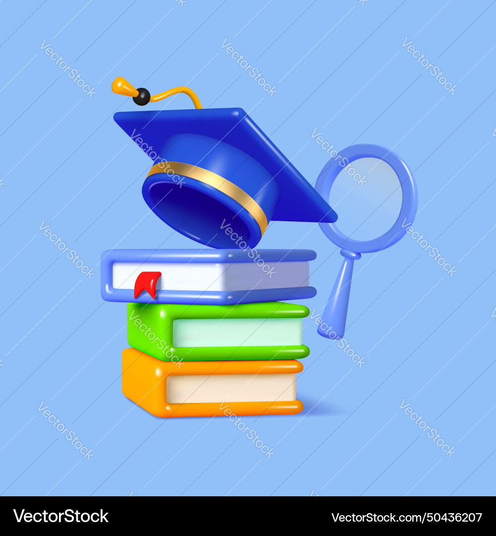 3d books with graduation cap and magnifier Vector Image