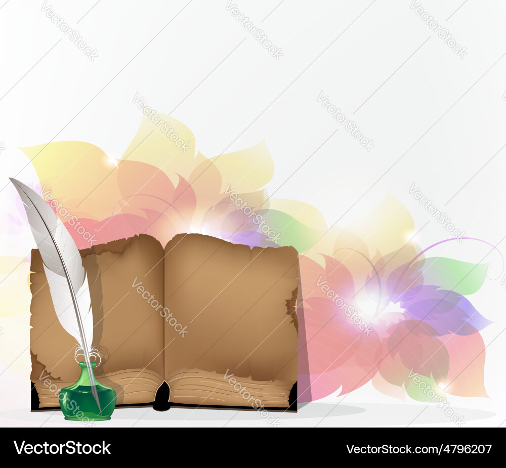 Book and feather on floral background Royalty Free Vector