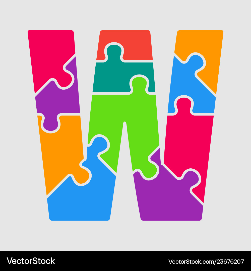 Puzzle piece letter - w jigsaw font shape Vector Image