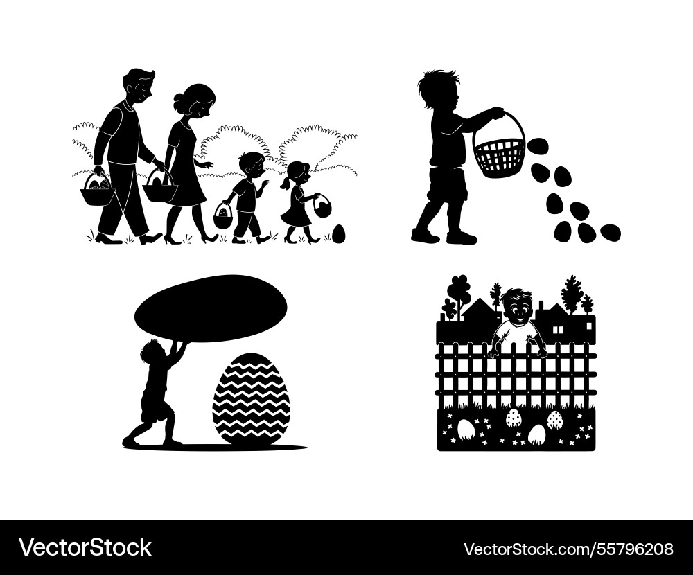 Easter egg hunt silhouette clipart kids and bunny Vector Image