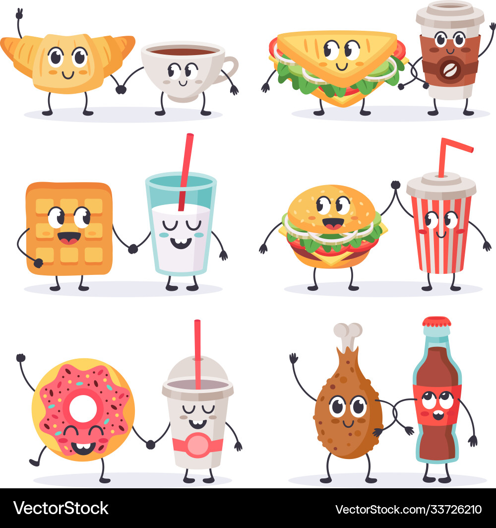 Cartoon food characters junk mascots Royalty Free Vector