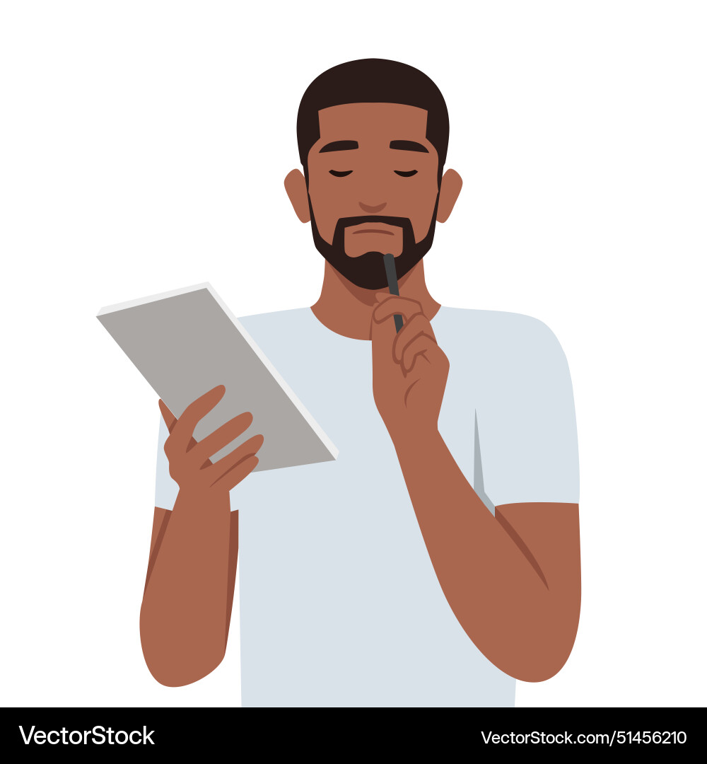 Positive thoughtful man with notebook in hand Vector Image Positive thoughtful man with notebook in hand Vector Image