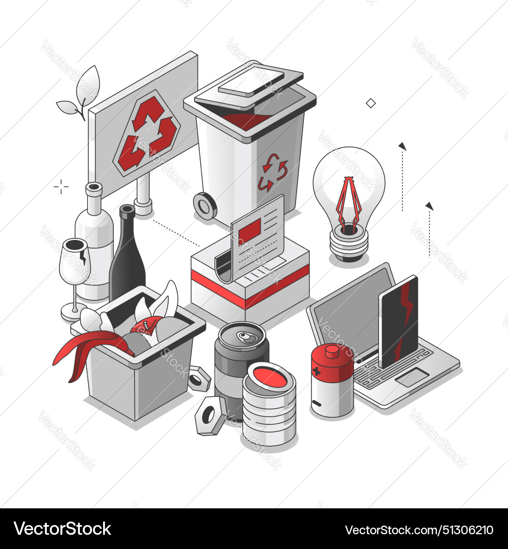 Waste sorting - isometric red and black line Vector Image