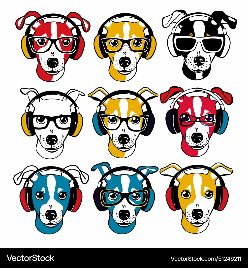 Nine stylized cartoon dogs wearing various Vector Image