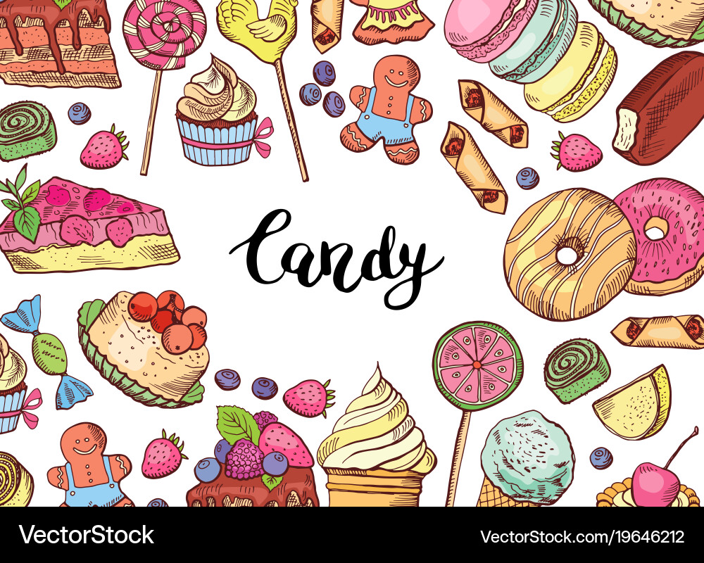 Hand drawn colored sweets horizontal Royalty Free Vector