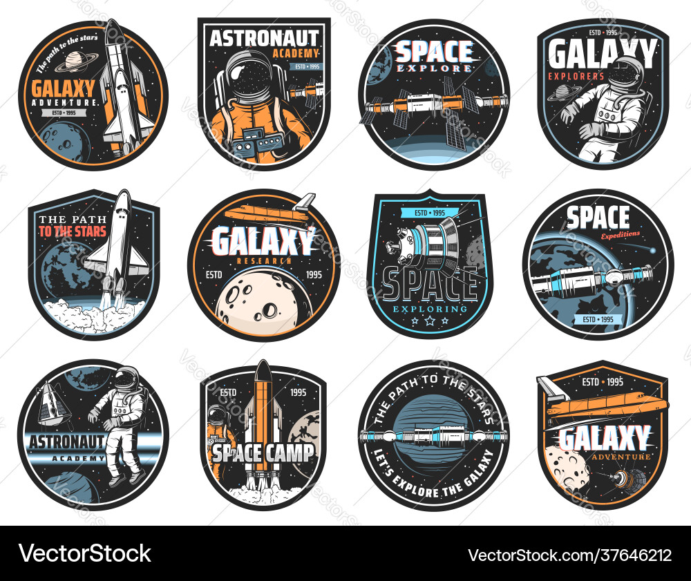 Space icons astronaut in galaxy rocket Royalty Free Vector