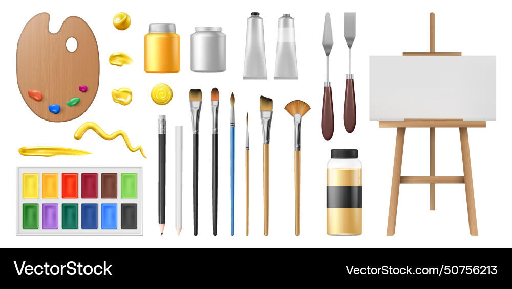 Artist kit with palette brushes and easel Vector Image