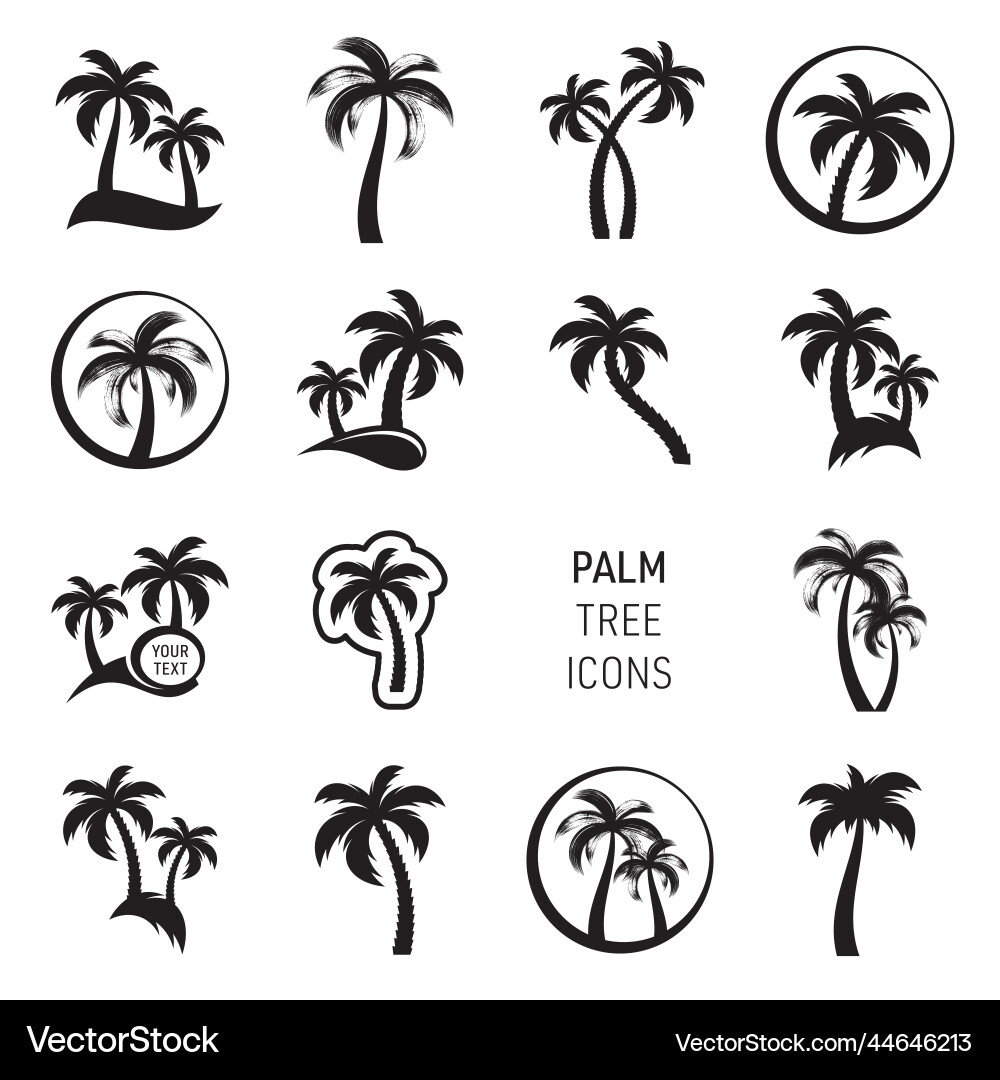 Black palm tree icons big collection Royalty Free Vector
