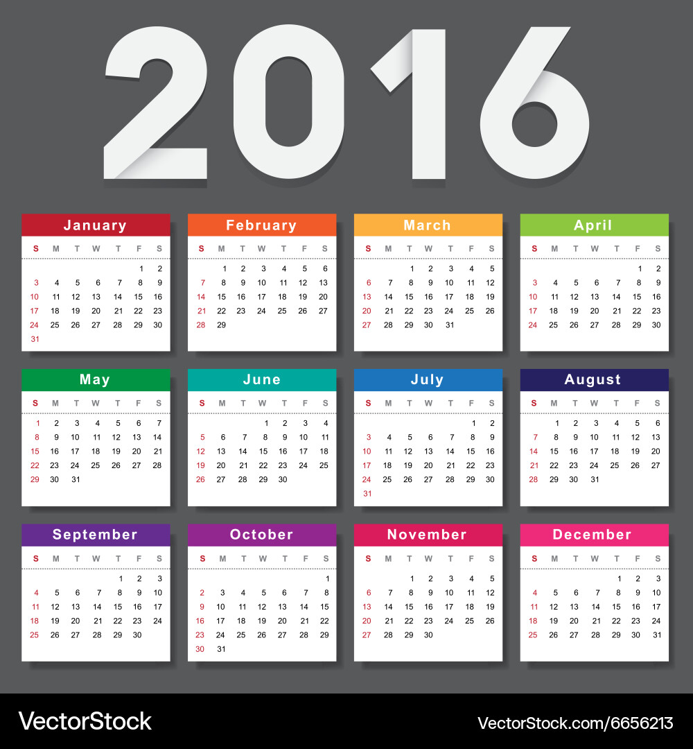 Calendar 2016 week starts from sunday Royalty Free Vector