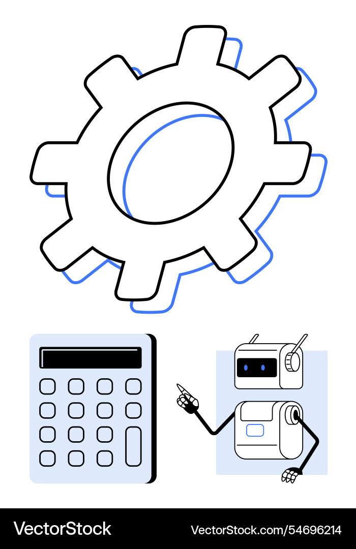 Gear symbol with calculator and robot pointing Vector Image