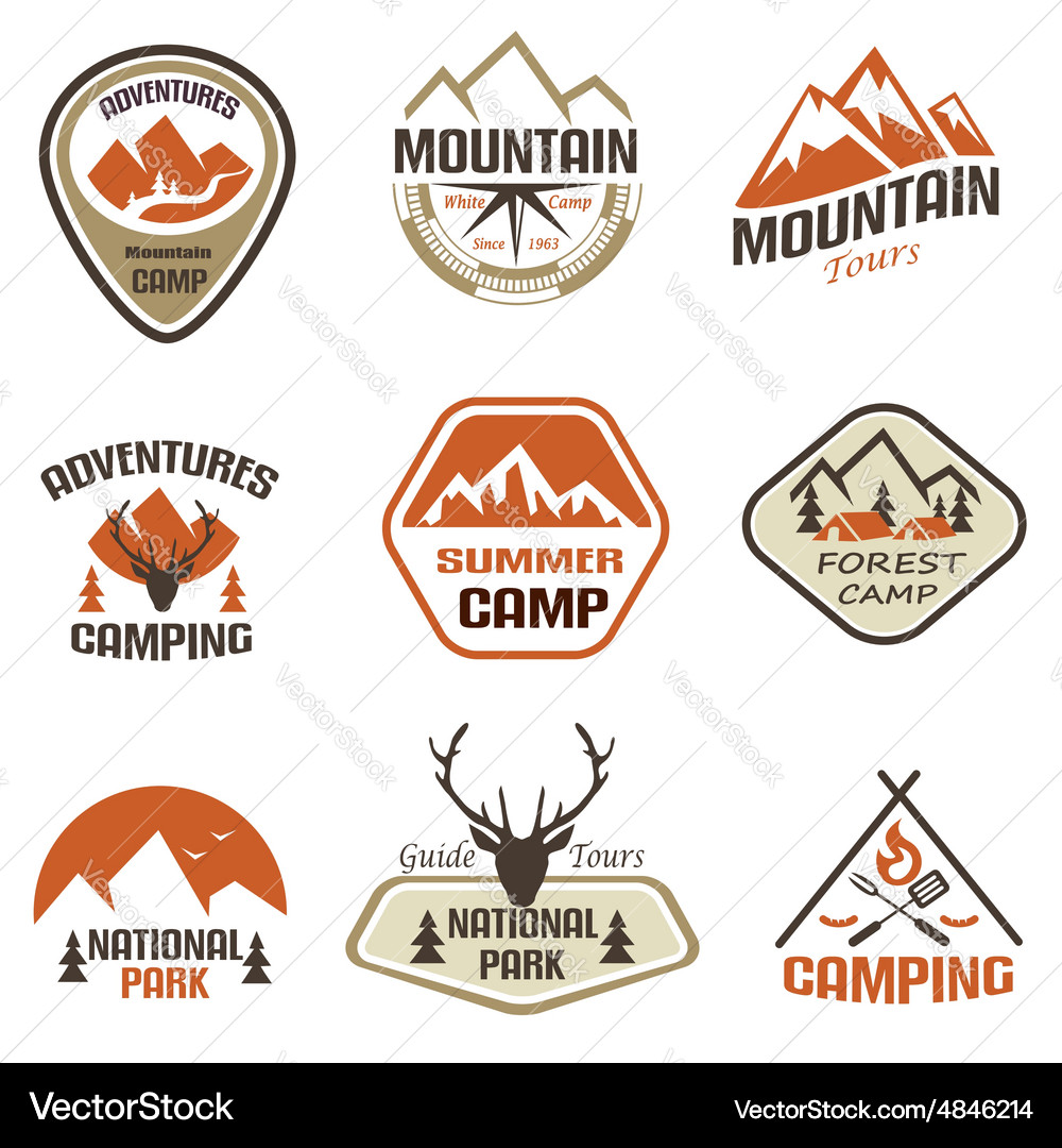 Mountain and travel retro emblems labels set Vector Image