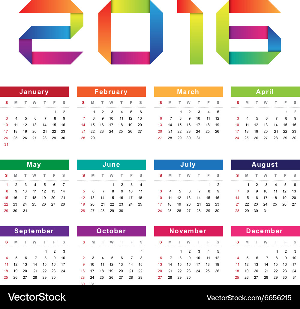 Calendar 2016 week starts from sunday Royalty Free Vector