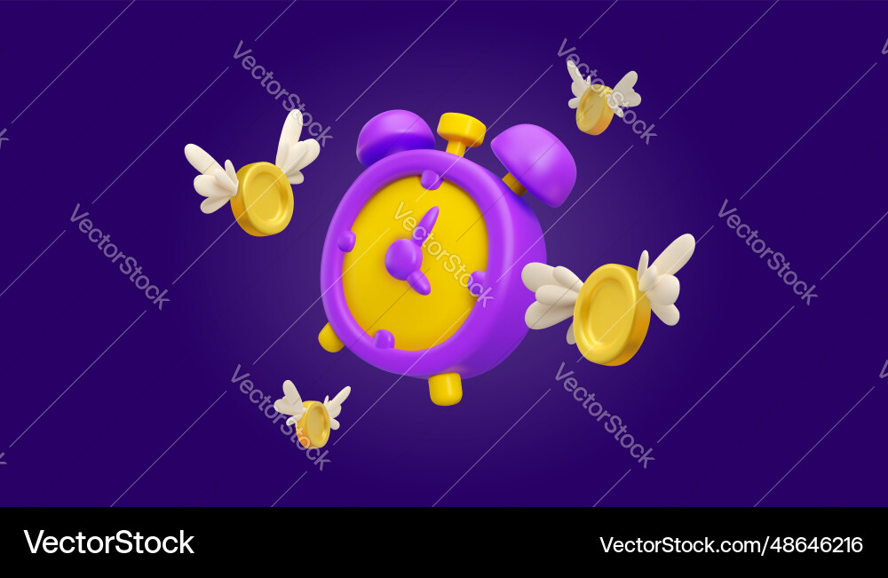 Flying clock with money 3d style Royalty Free Vector Image