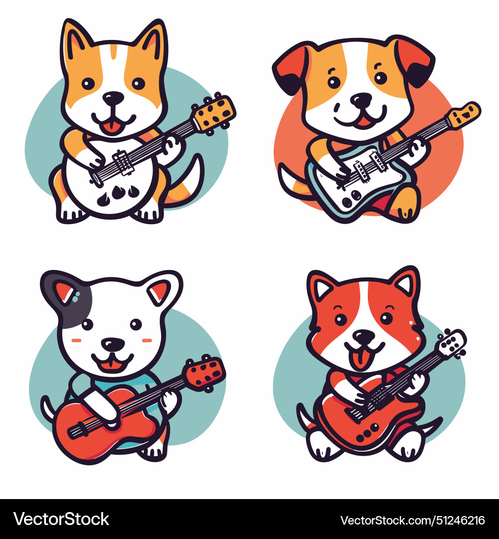 Four cute cartoon dogs playing musical instruments