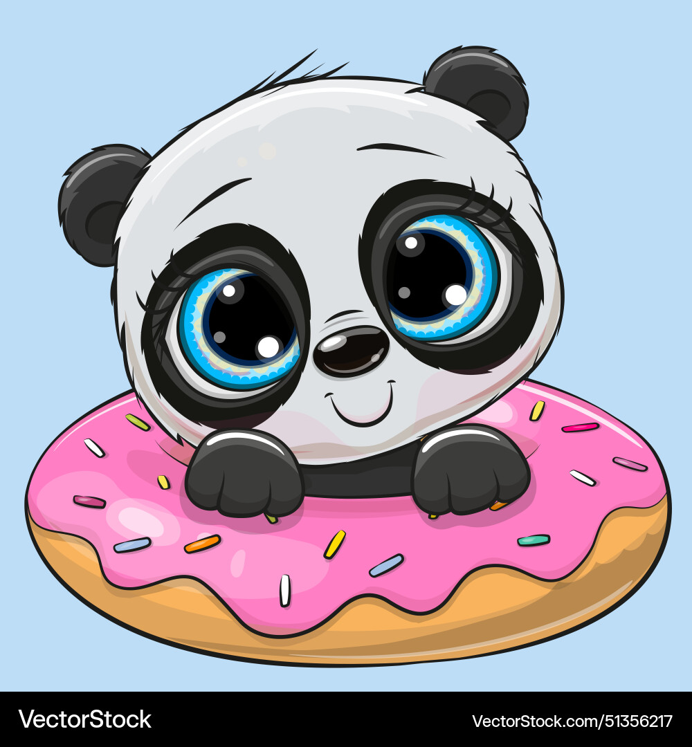 Cartoon panda with donut on a blue background Vector Image