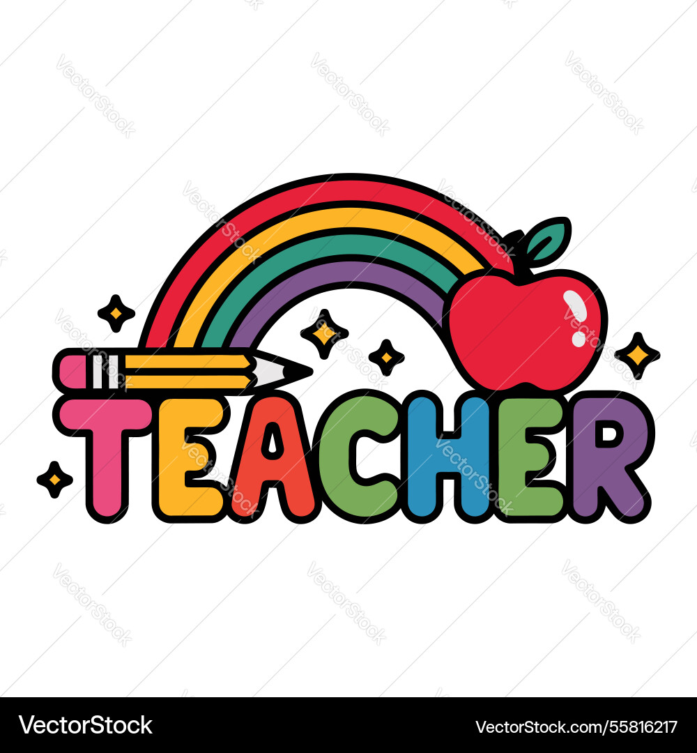 Colorful teacher typography with rainbow and apple