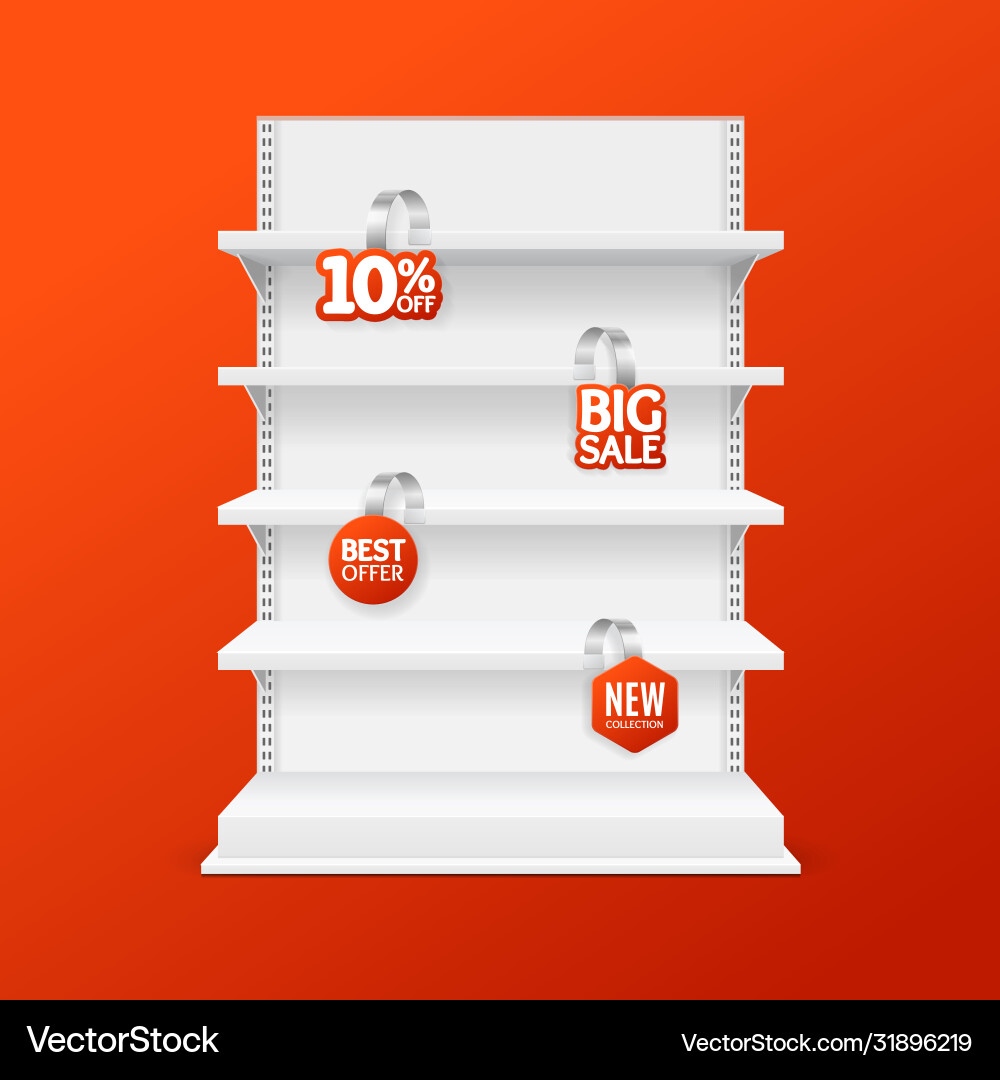 Realistic detailed 3d white blank store shelves Vector Image