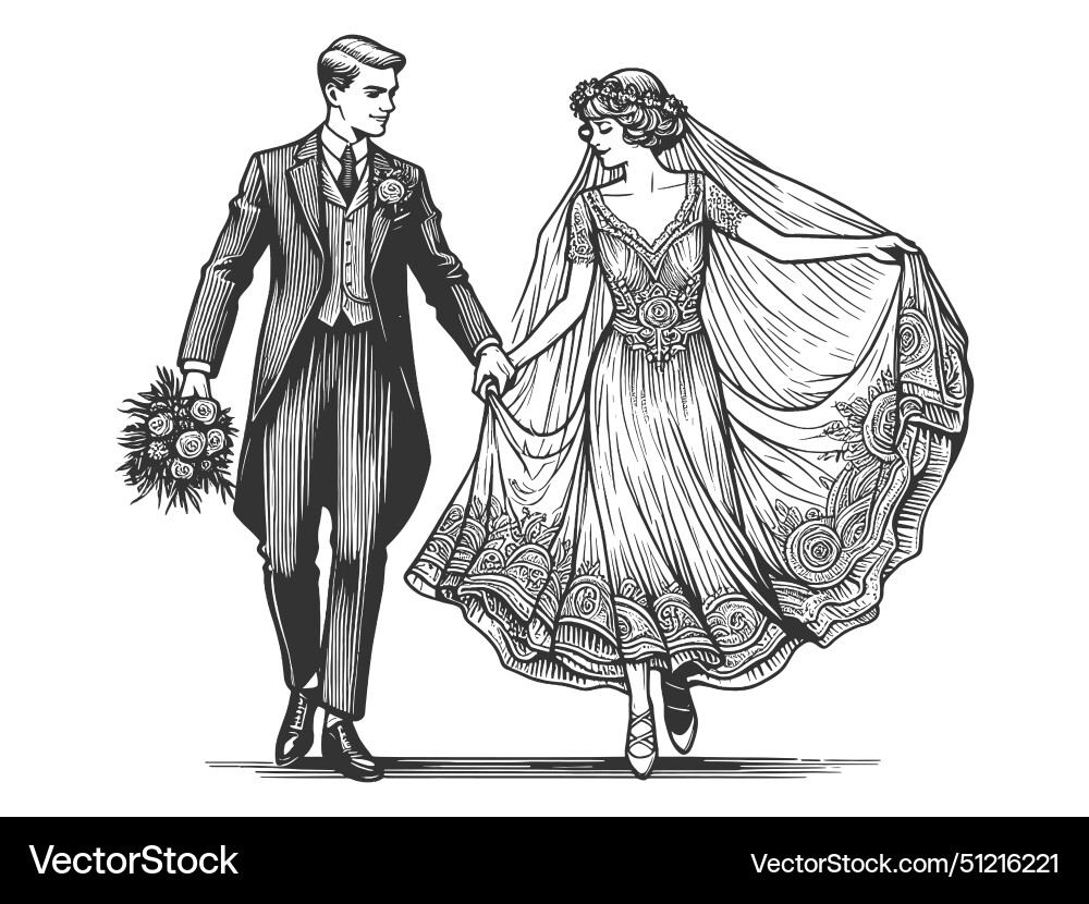 Bride and groom engraving Royalty Free Vector Image