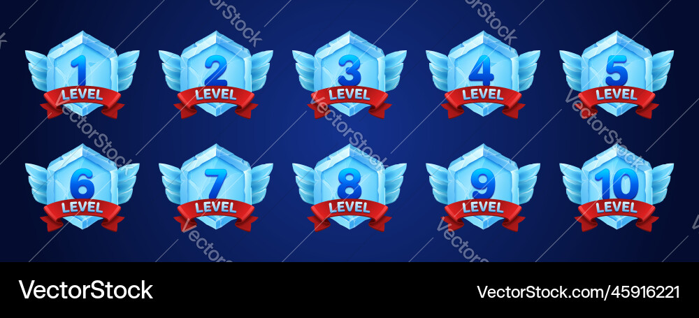 Game ice badges with level number red ribbon Vector Image