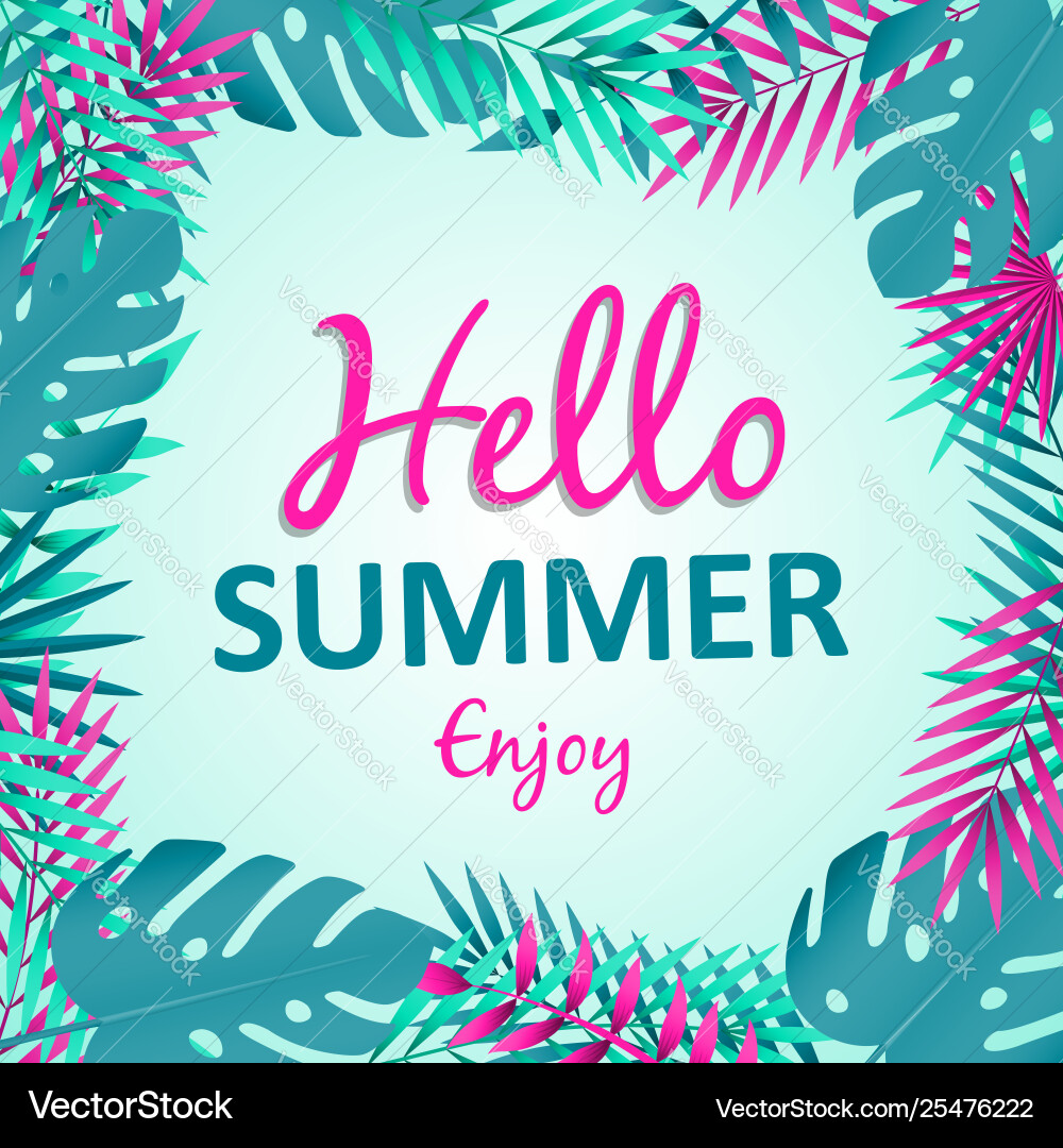 Hello summer card tropical palm tree leaves Vector Image