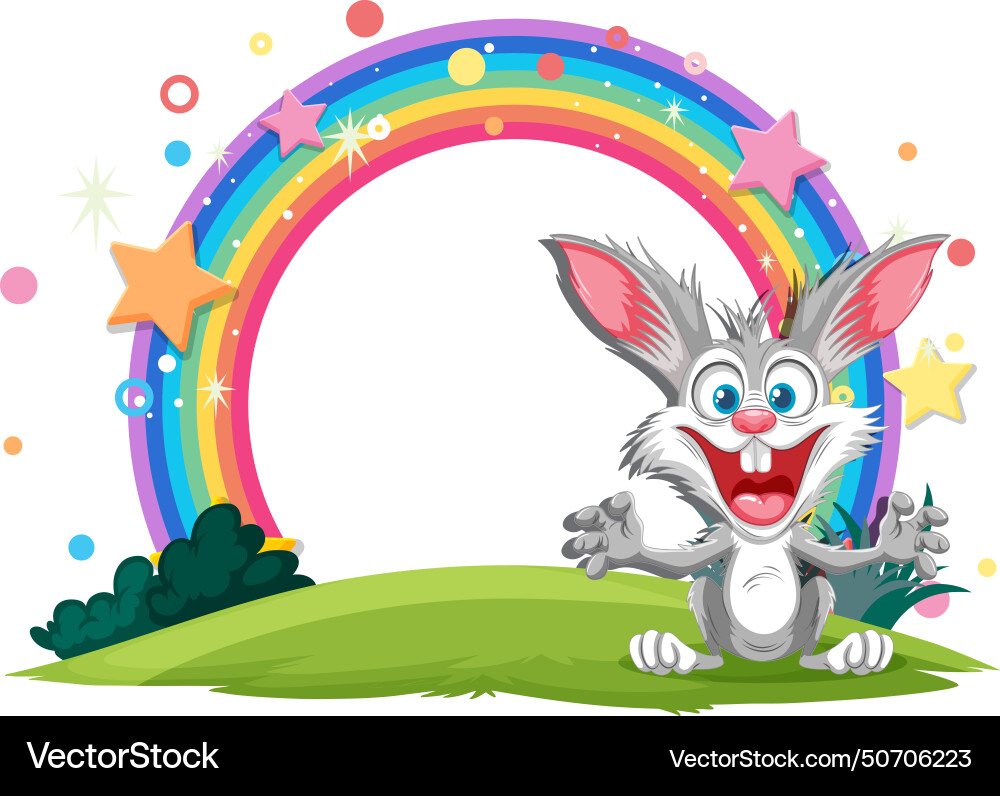 Excited cartoon rabbit with a vibrant rainbow Vector Image