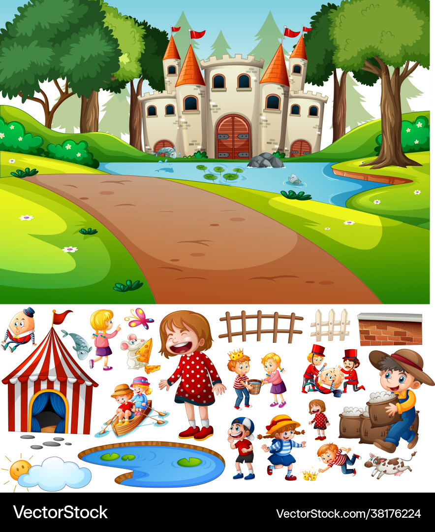 Castle in forest scene with isolated cartoon Vector Image