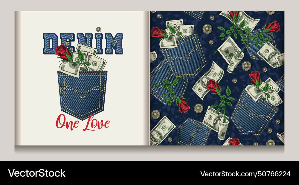 Logo pattern with denim back pocket dollar notes Vector Image