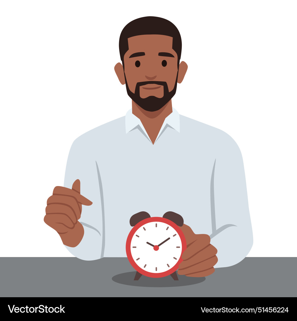 Smiling man points finger at alarm clock Vector Image