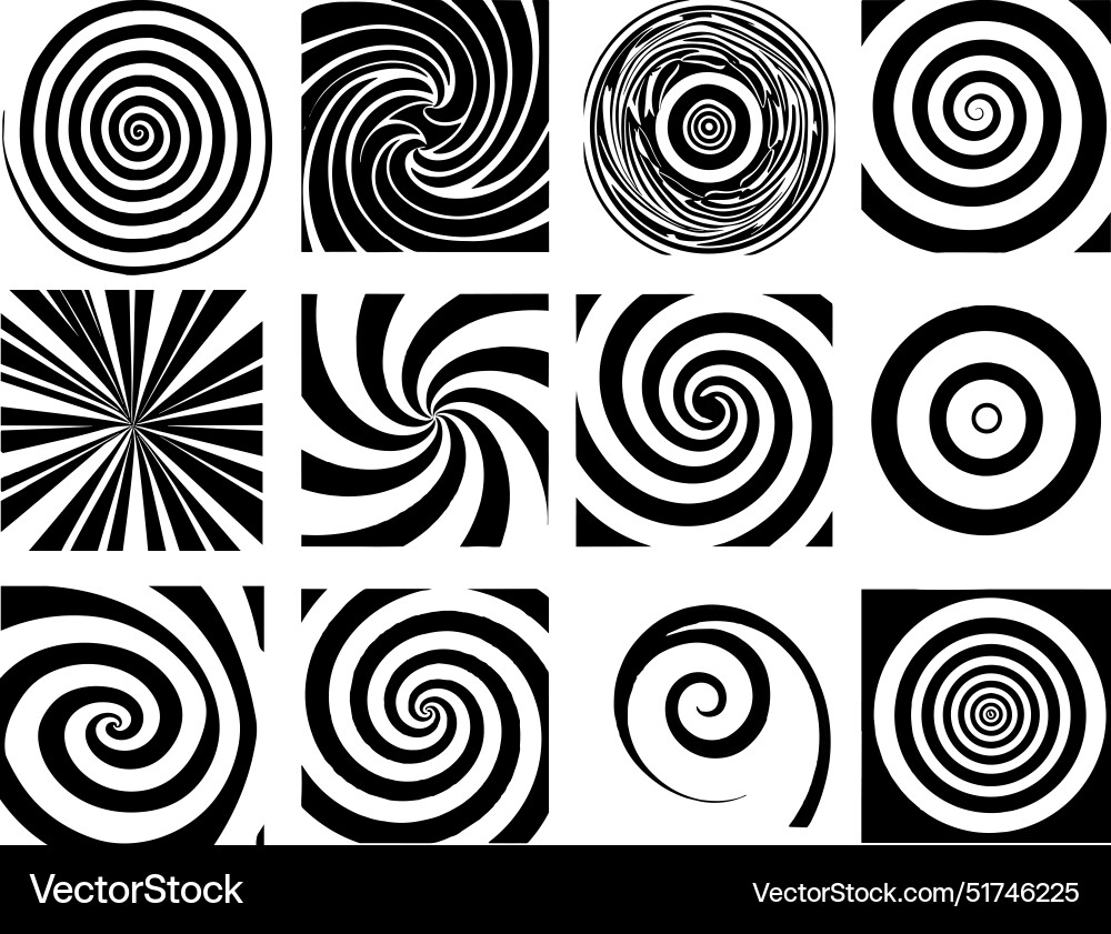 Hypnotic spirals black set optical round Vector Image