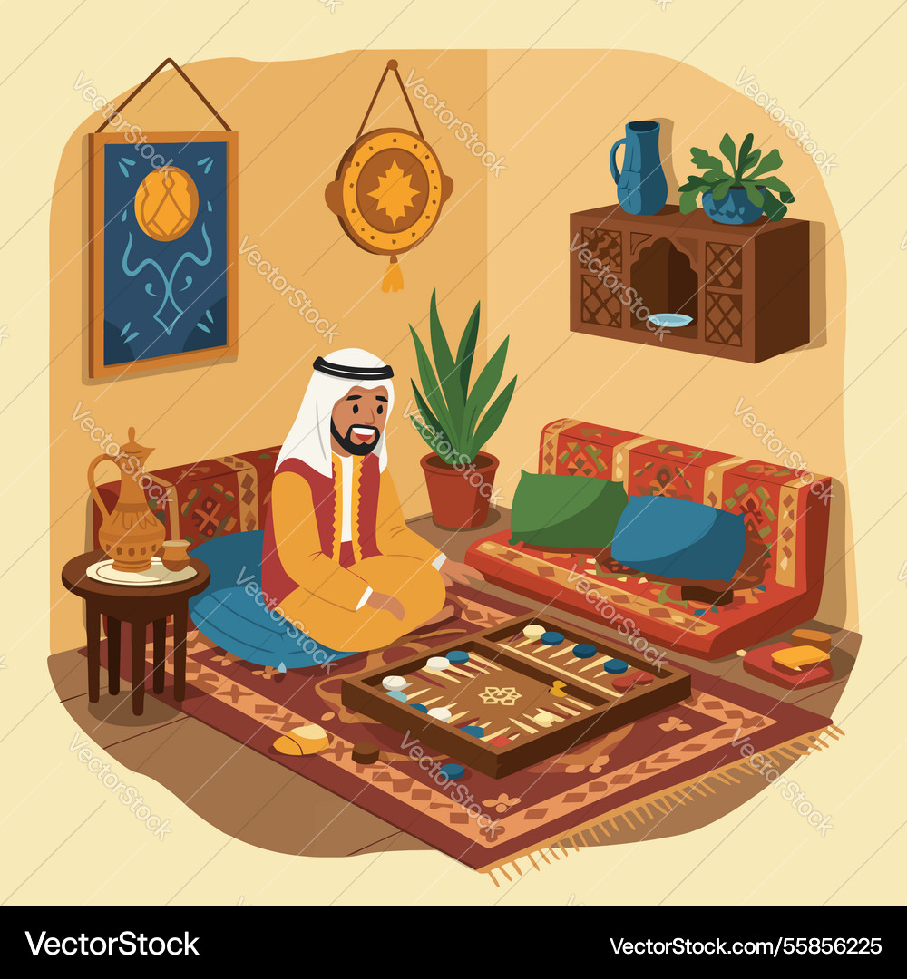 Man playing backgammon in decorated room relaxing Vector Image
