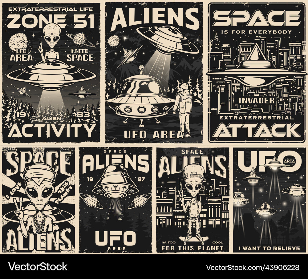 Aliens set vintage monochrome flyers Royalty Free Vector