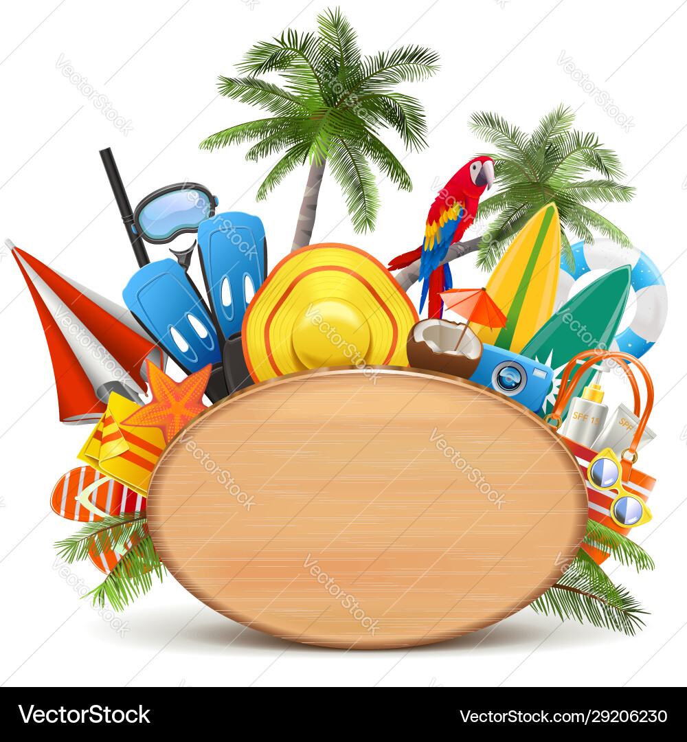 Beach concept with wooden board Royalty Free Vector Image